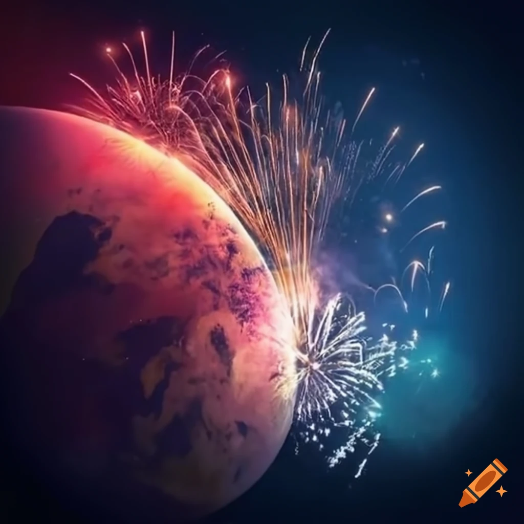 View of earth from space with fireworks