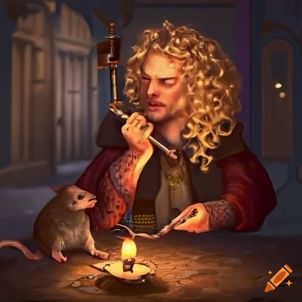 Bearded man summoning rats with a flute in a dimly lit fantasy street