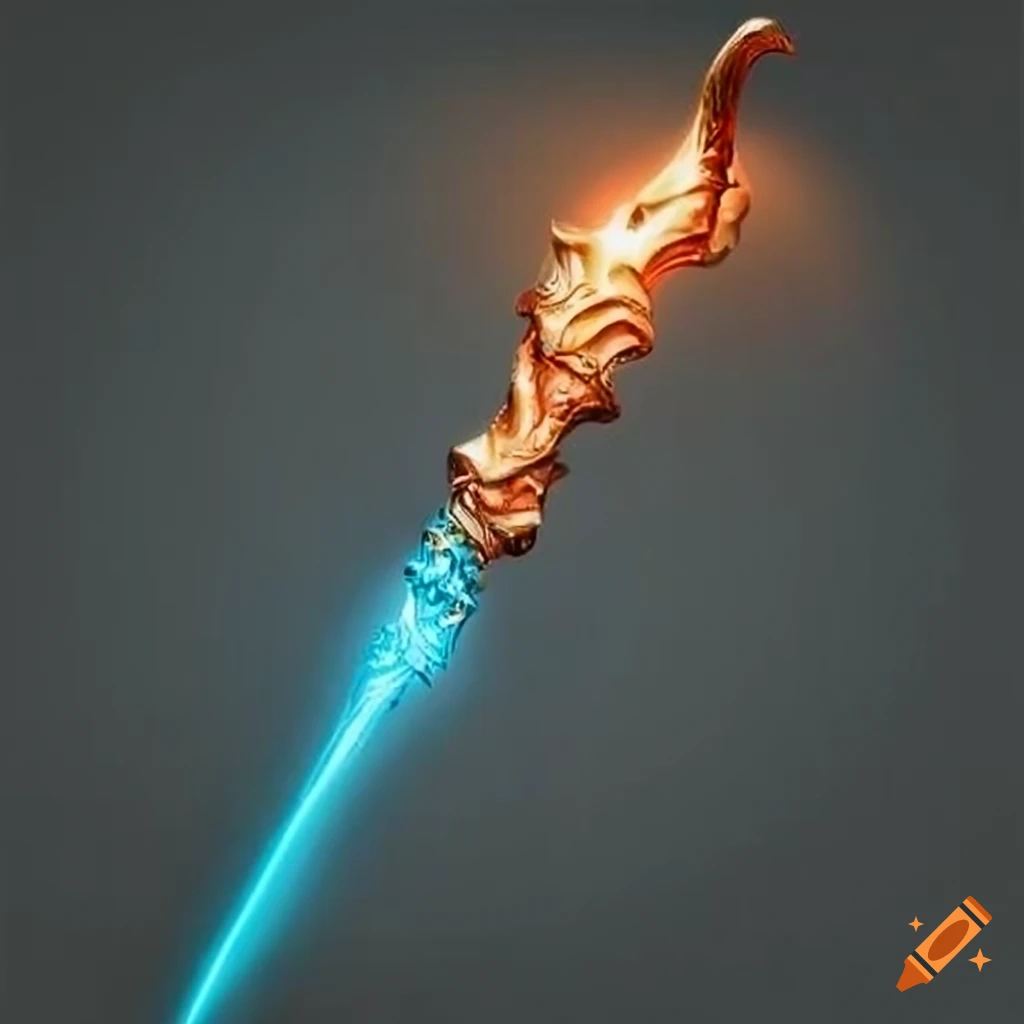 Long heroic fantasy magic wand in luminous orange-colored metal on Craiyon