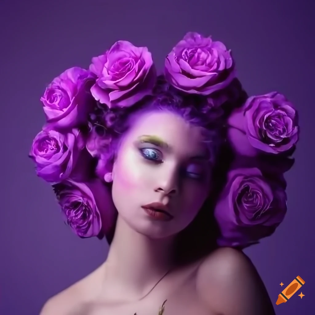 Person with violet curly hair and green skin with purple roses on face