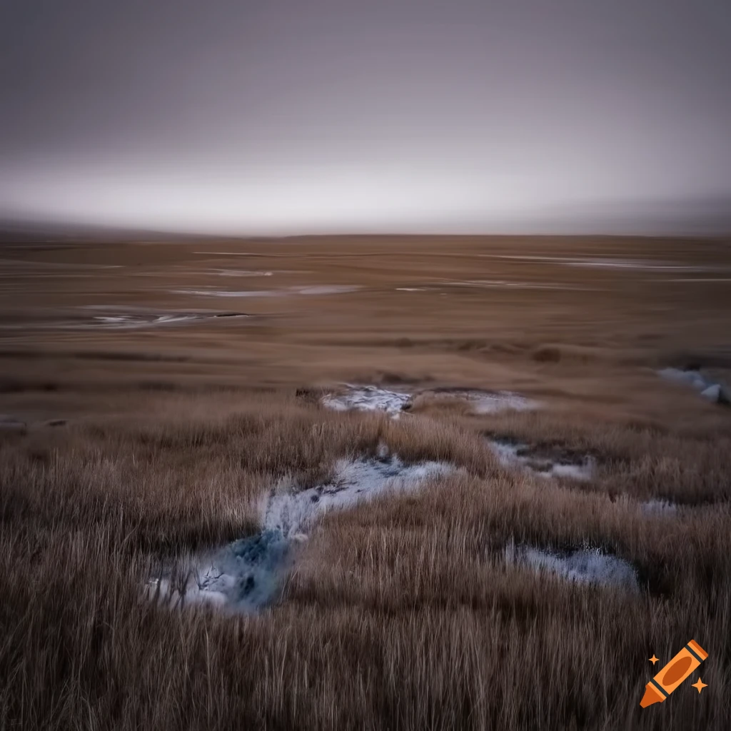 Cold desolate grassland and limestone outcrops in a landscape