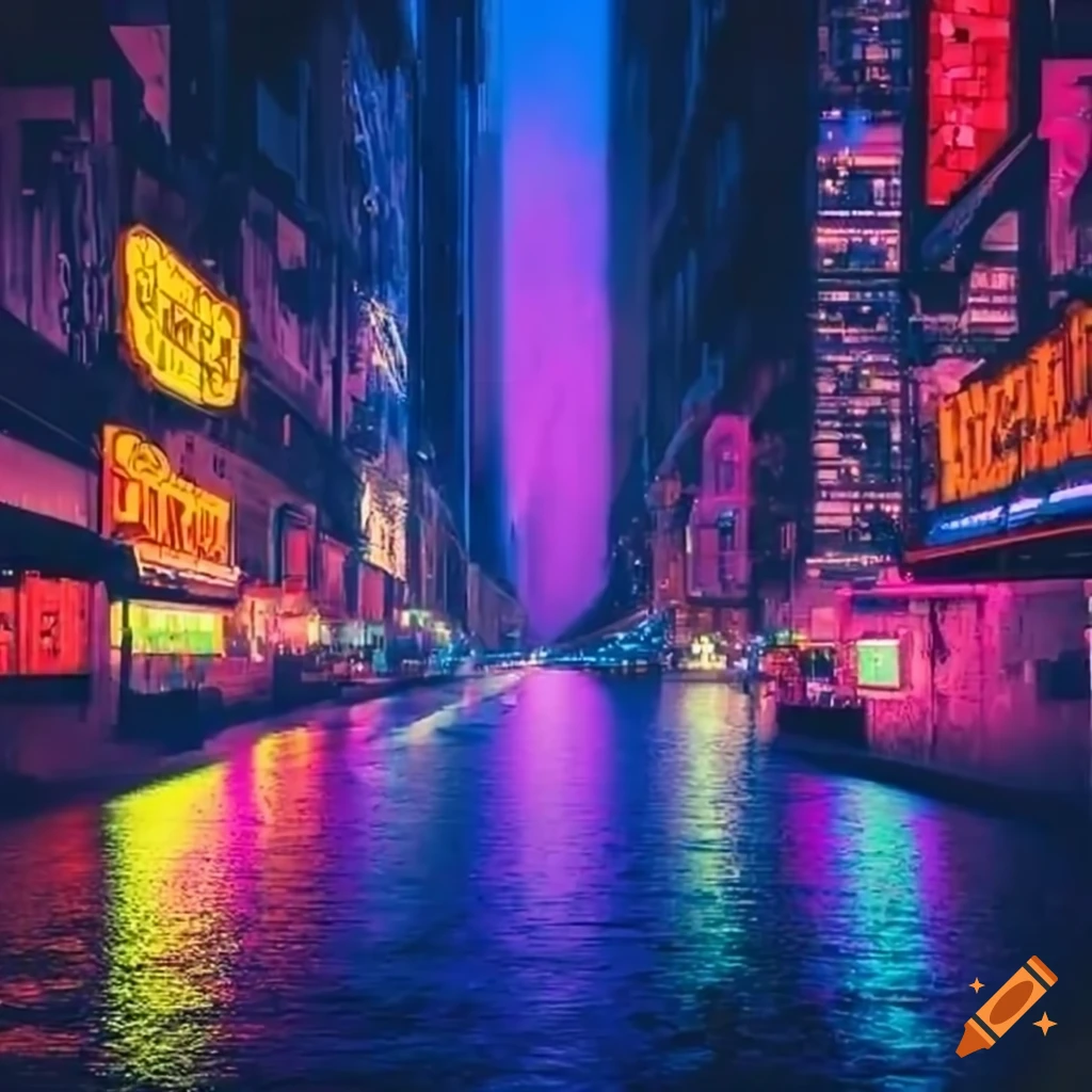 Dreamy synth-wave cityscape with colorful neon signs