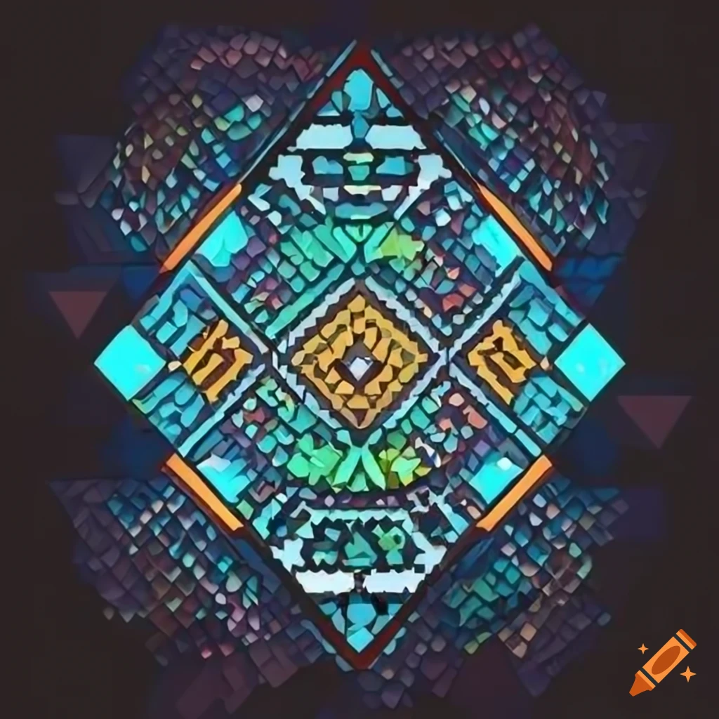 Gem logo with mosaic design on aztec background