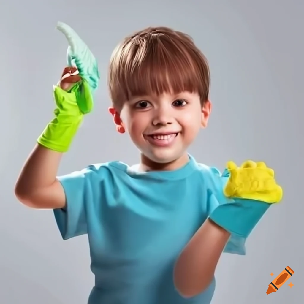 Happy boy cleaning dishes on a white background on Craiyon