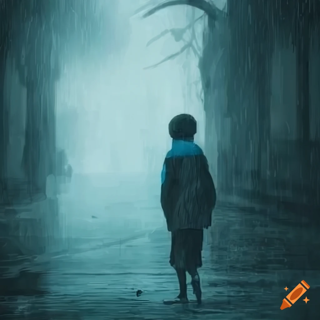 Young banished person walking in the rain in pre-industrial setting on ...