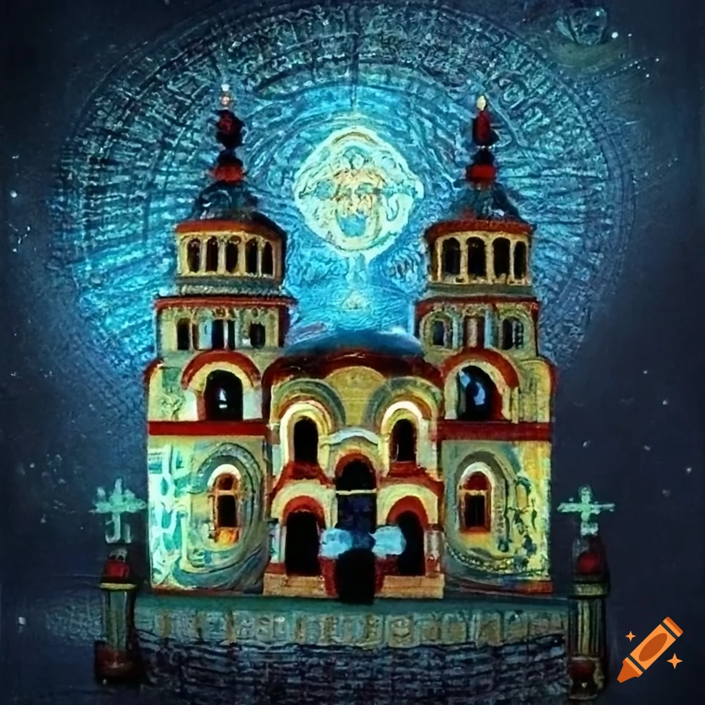 Ancient Orthodox structure housing icon of creation with pages of the ...