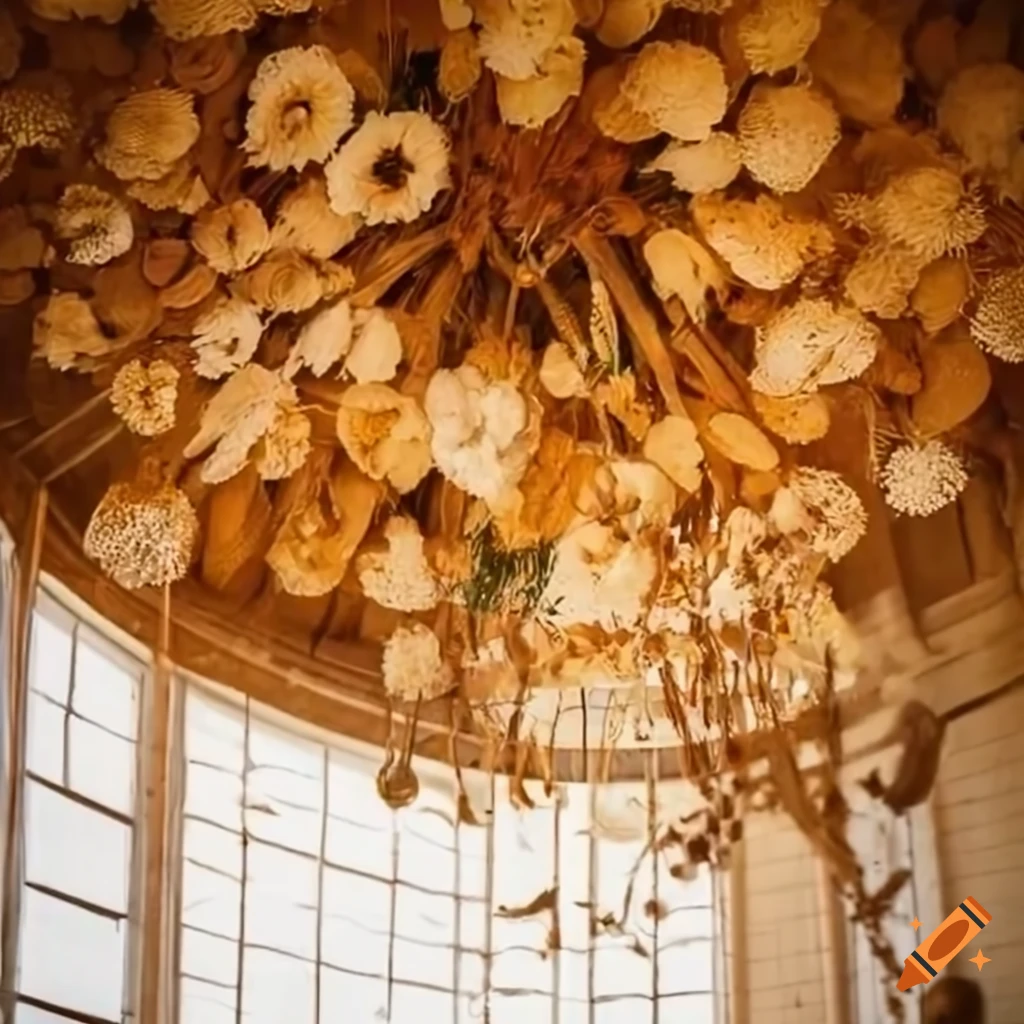 Spacious room with dried flowers hanging from the ceiling on Craiyon