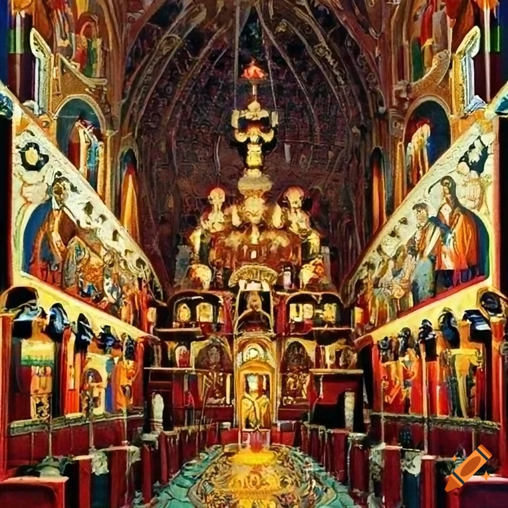 Old Orthodox structure with Icon Of The Creation and pages of The Bible ...