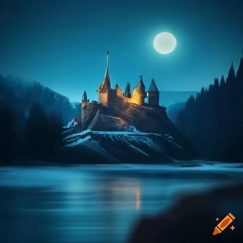 Castle in snowy mountains near a lake with a ghostly mood on Craiyon