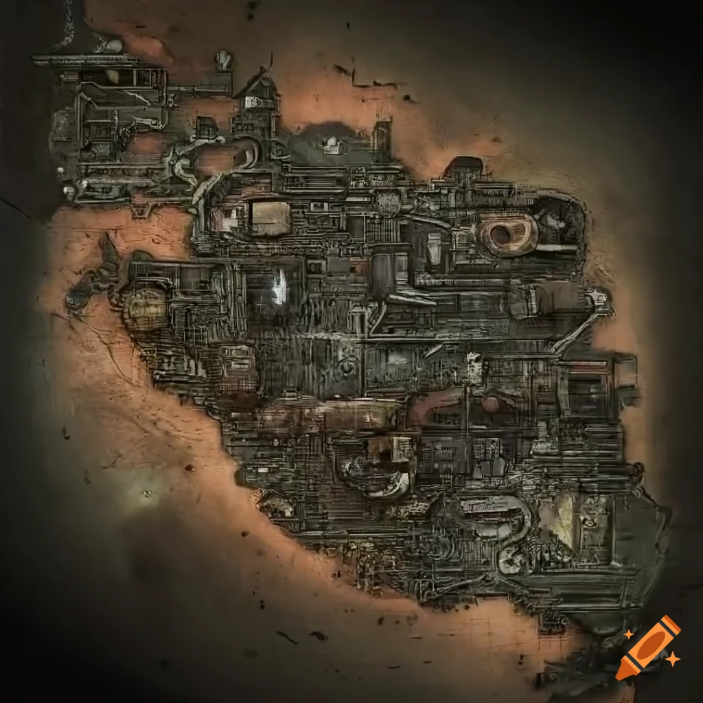 Detailed post-apocalyptic map with robotic metallic paths and regions on Craiyon