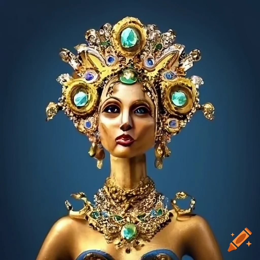 Ancient golden deity with 6 eyes and extravagant baroque jewelry on Craiyon