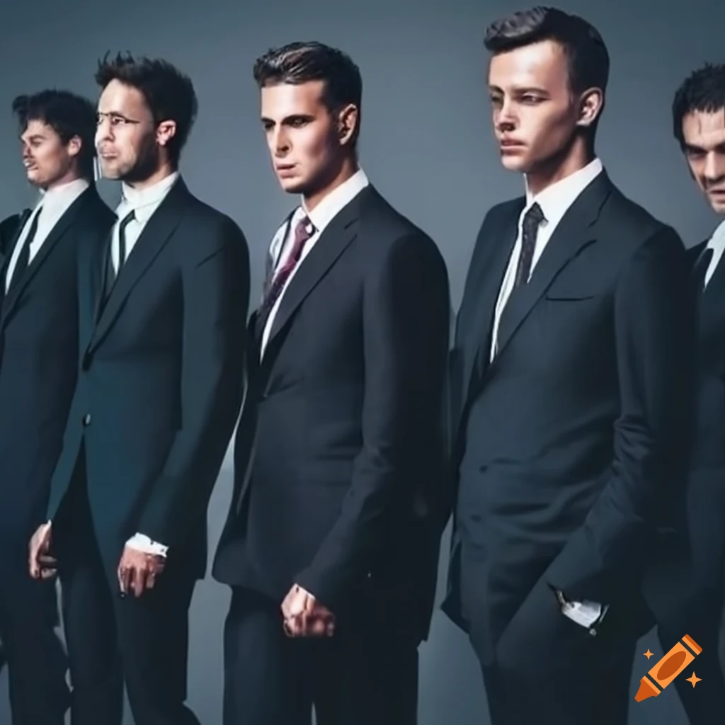 Group of five men wearing suits standing in a row