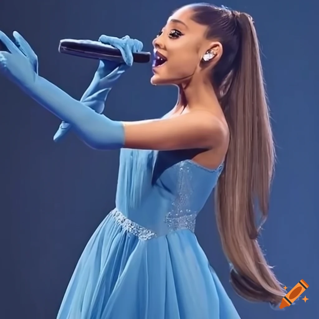 Ariana Grande performing in a blue long dress and opera gloves on Craiyon