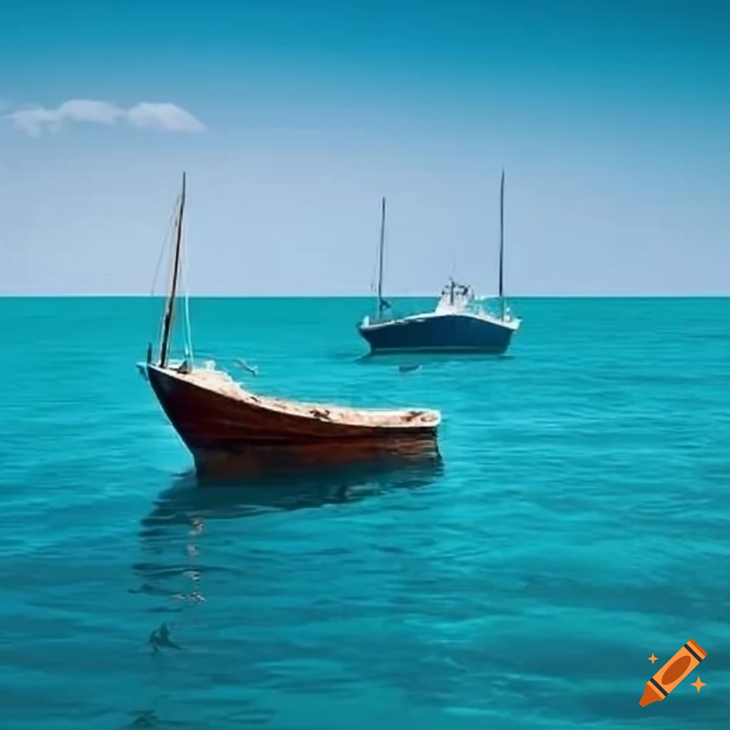 Two boats in a blue sea, one old and one modern on Craiyon
