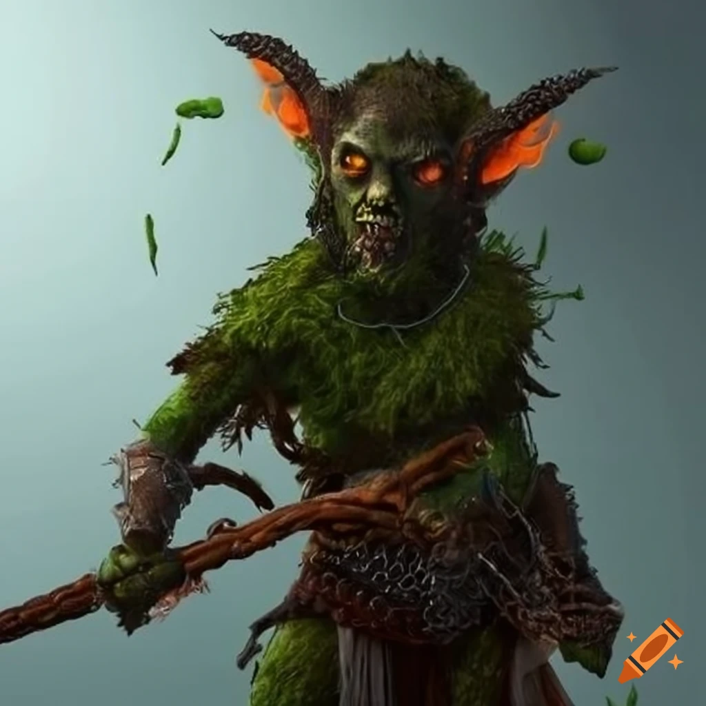 Small black goblin in chain mail armor with a staff and burning eyes