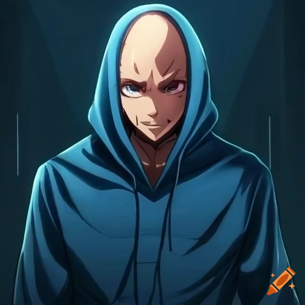 Athletic bald anime character enjoying an intense gaming session