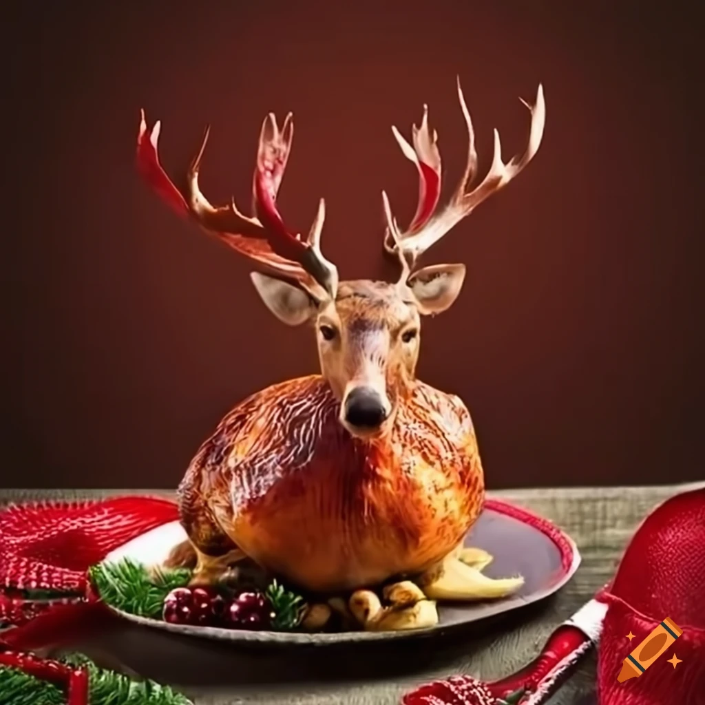 Red deer behind christmas roast goose on Craiyon
