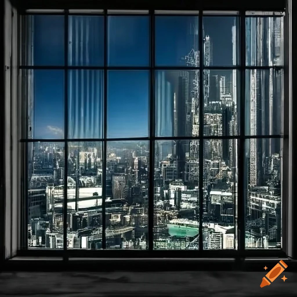 Retrofuturist cityscape through a paned window with 1920s art deco ...