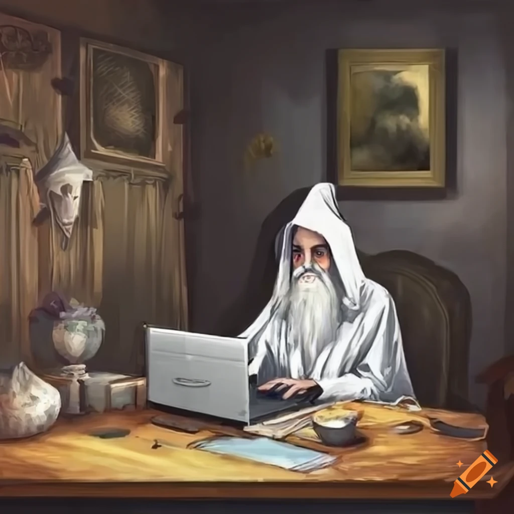 Medieval wizard in white robes with a computer in his room on Craiyon