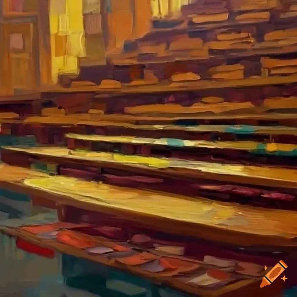 Colored anime-style lecture hall with rows of desks on Craiyon