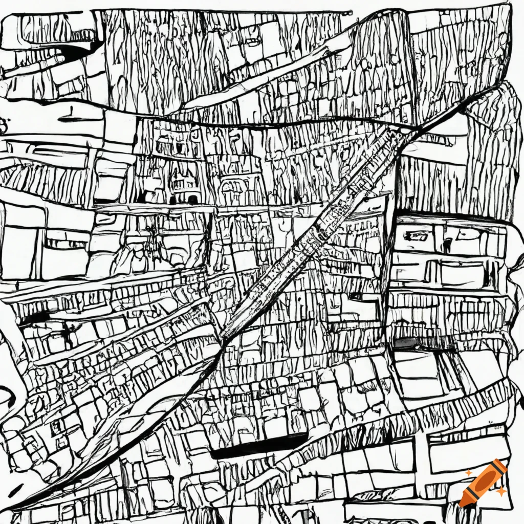 Black and white ink drawing of a small town map