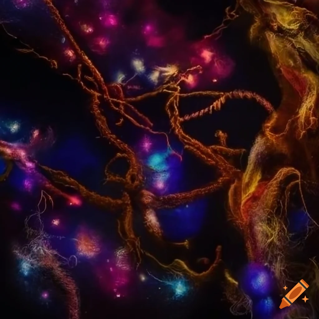 Ancient legends tapestry depicting interconnected life forms and ...