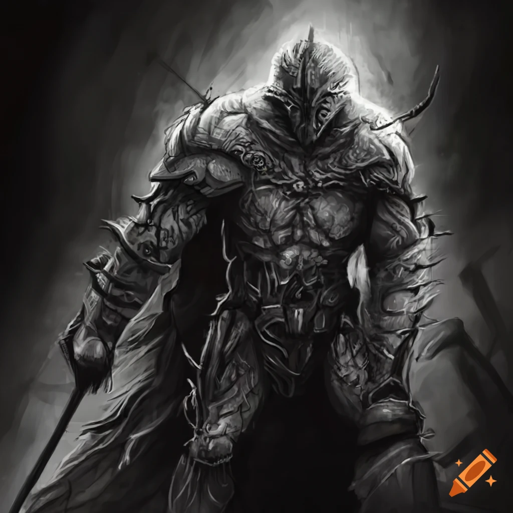 Valiant knight battling a fierce creature in a dark fantasy world