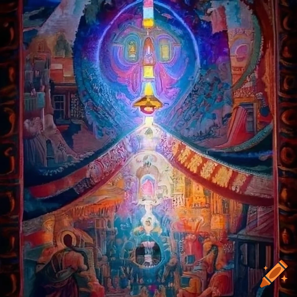 Old Orthodox structure with Icon Of The Creation and pages of The Bible ...