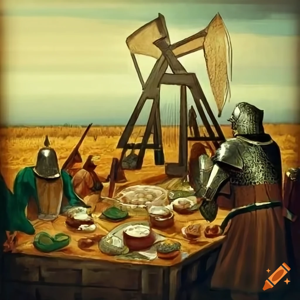 Knights feasting in the wheat fields overlooking an oil field with ...