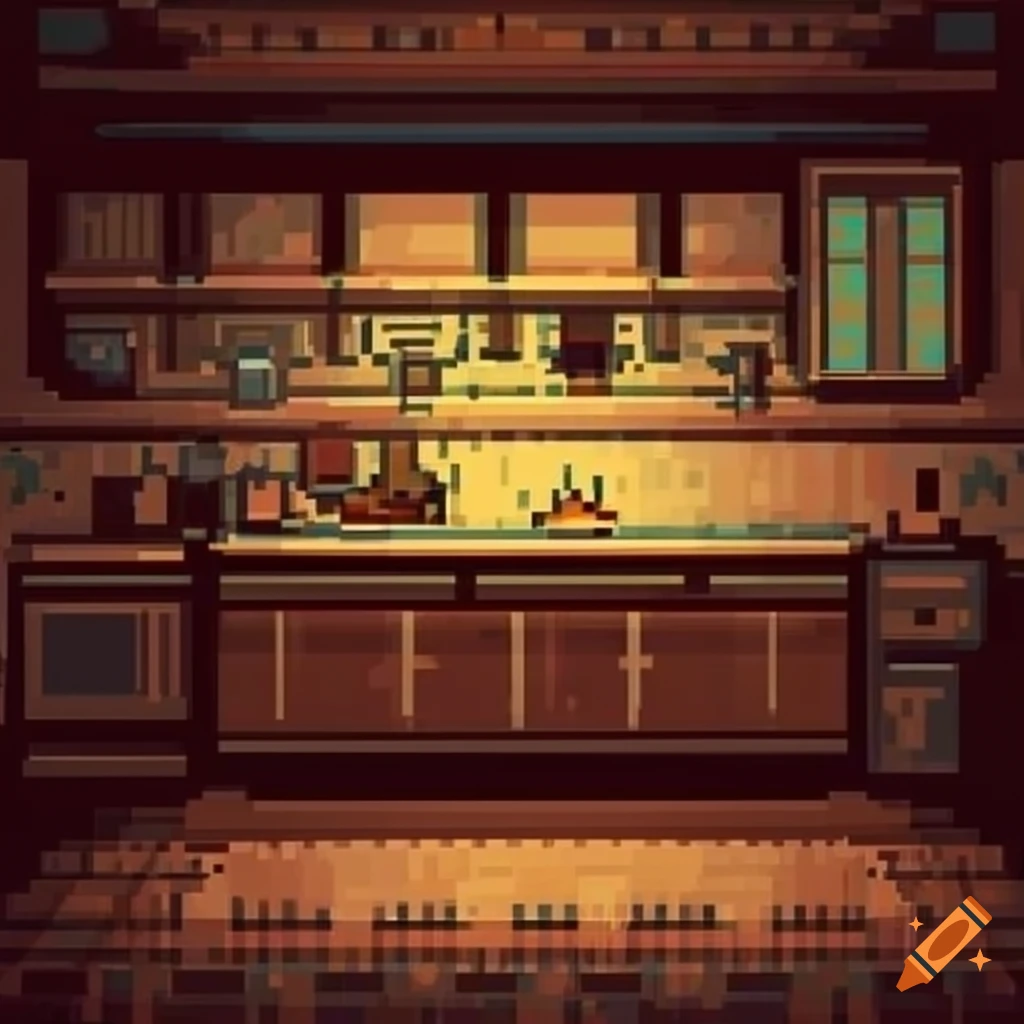 Pixel art retro kitchen in 8 bit style for gaming background on Craiyon