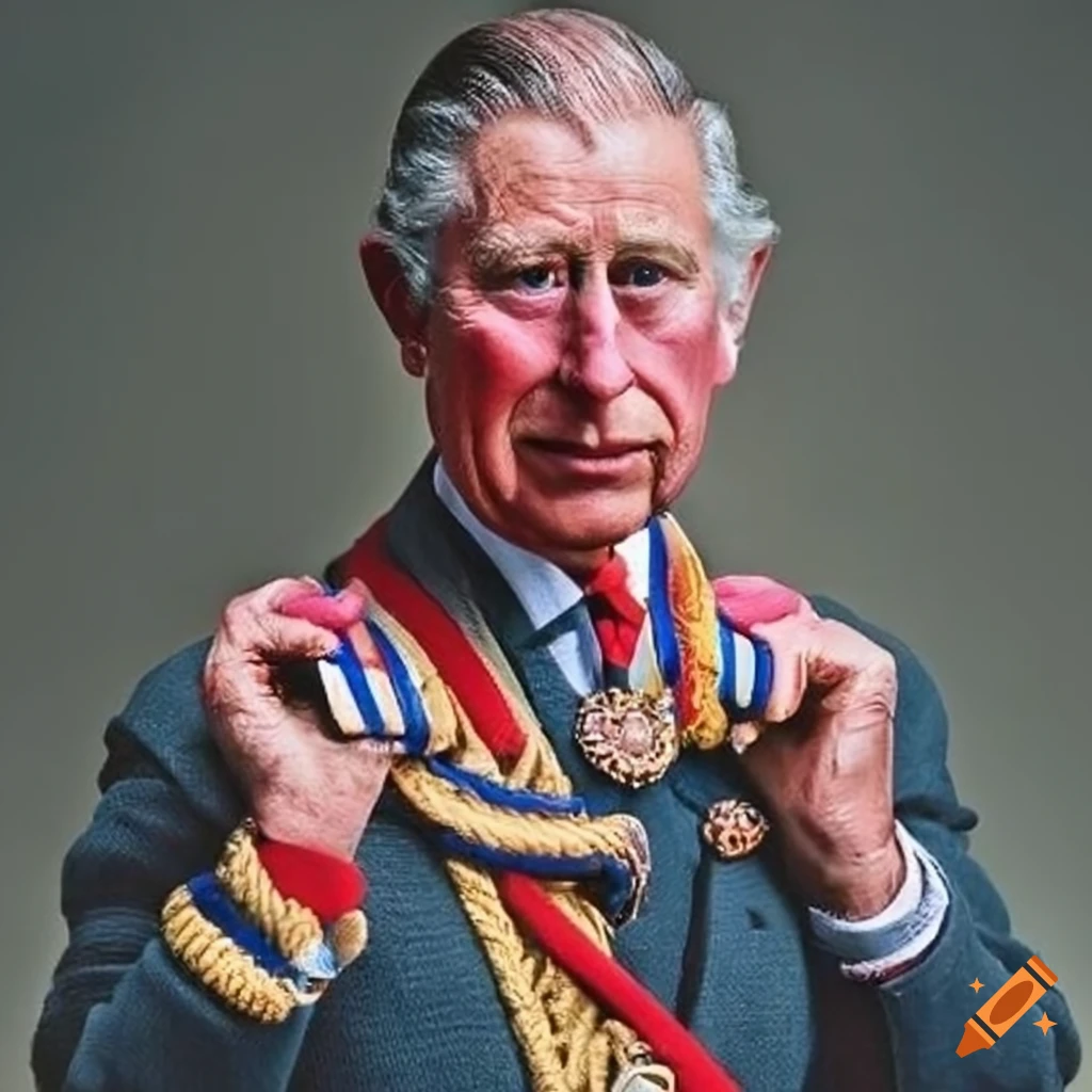 Jimmy McNulty as Prince Charles with yarn medals on Craiyon