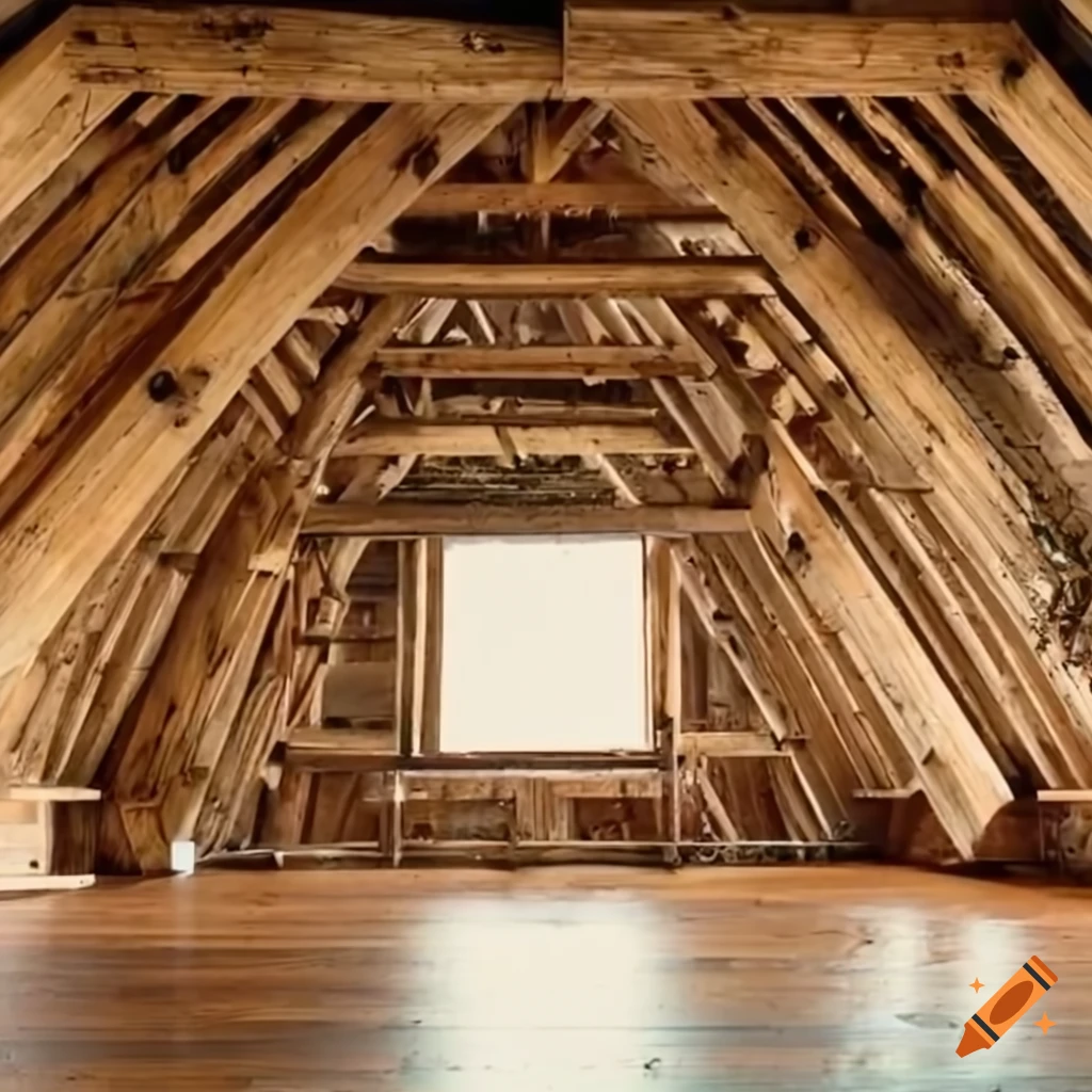 Interior of a rustic wooden barn with wooden flooring and beams on Craiyon