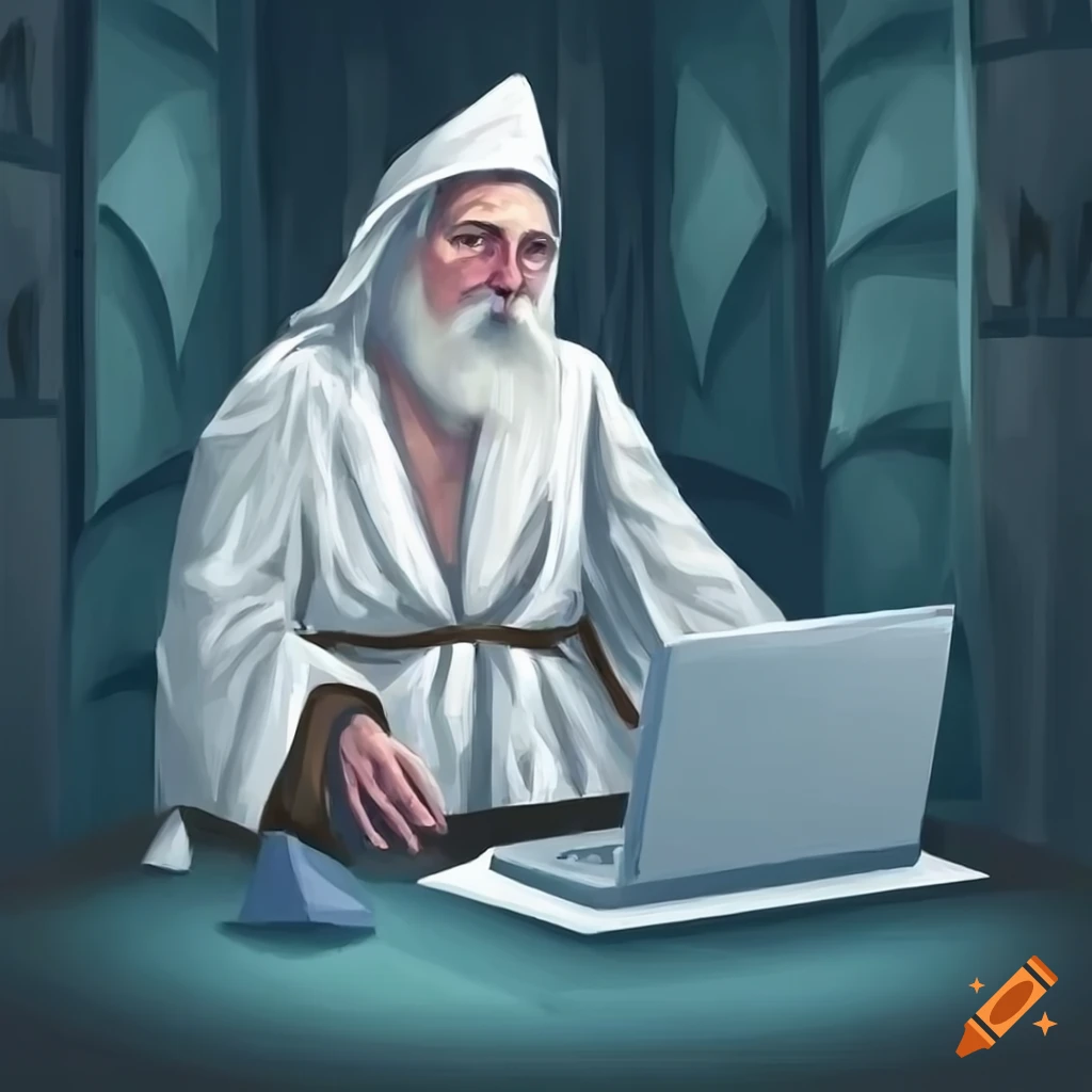 Medieval wizard in white robes with a computer in his room