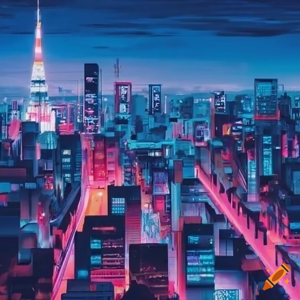 Tokyo nightscape with neon lights in the style of hiroshi nagai