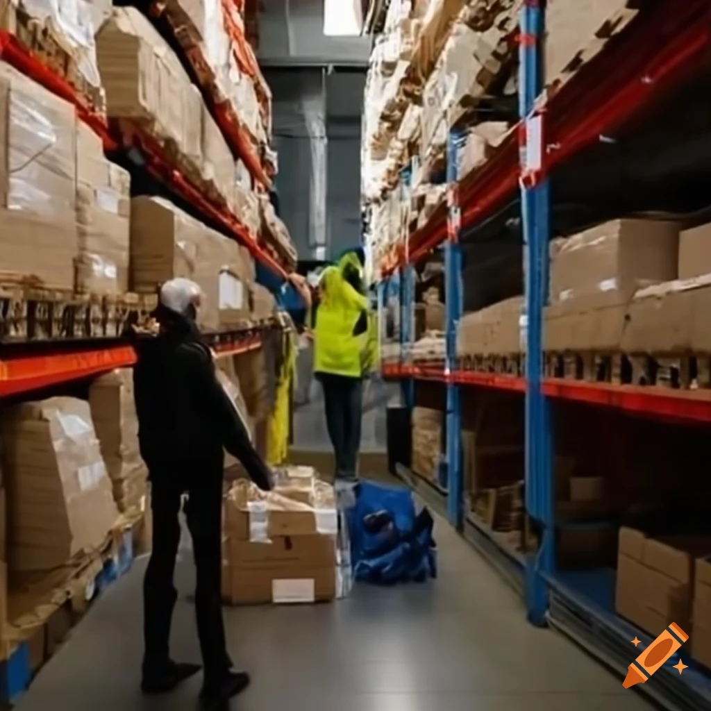 Five people searching in a messy warehouse on Craiyon