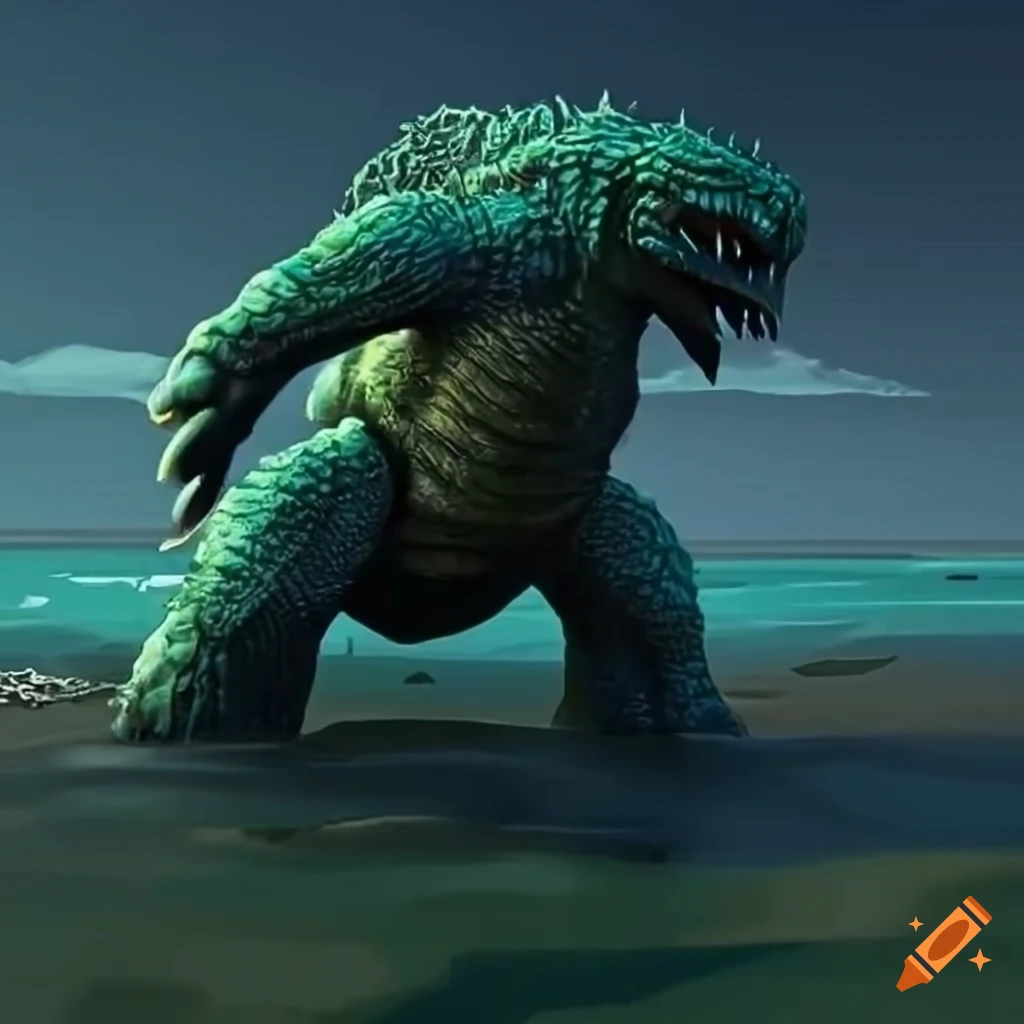 Gigantic turtle kaiju walking on a beach with a destroyed city in the ...