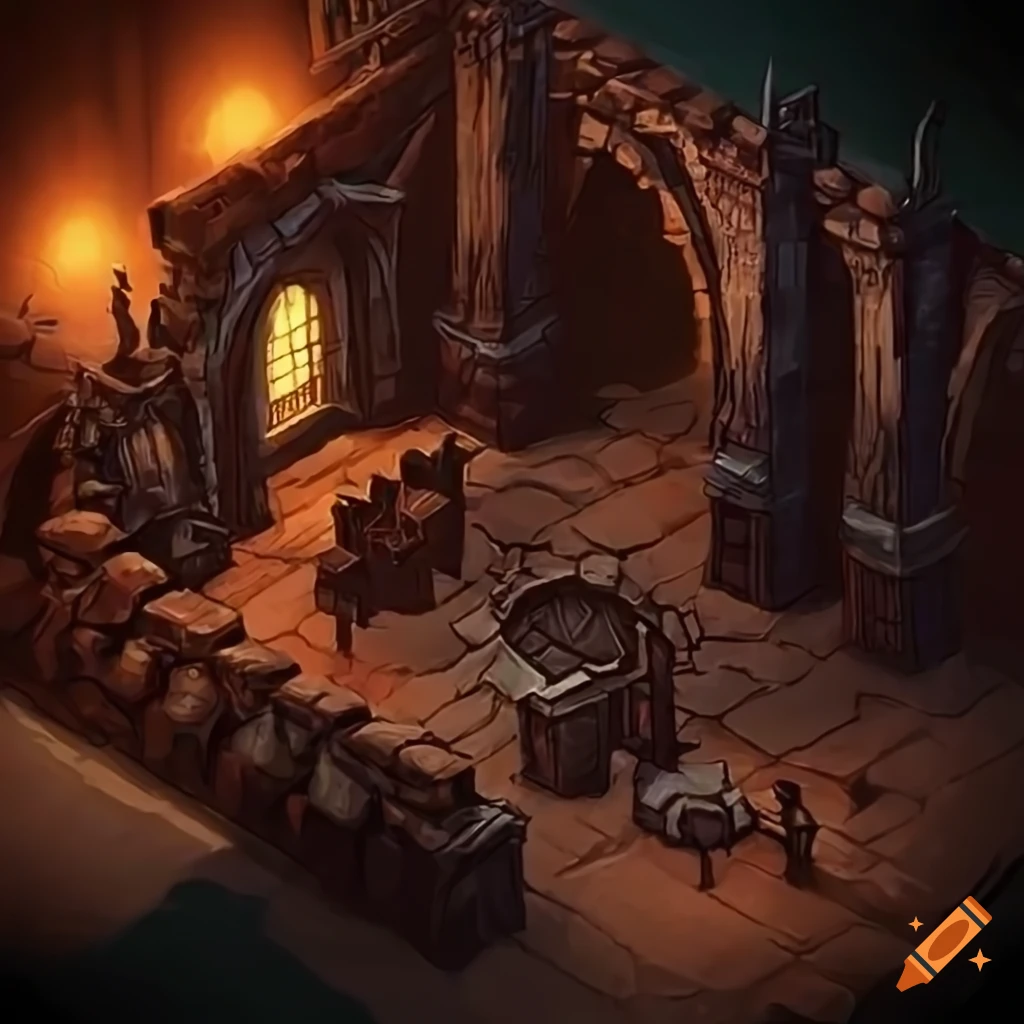 Detailed isometric fantasy dungeon starting area