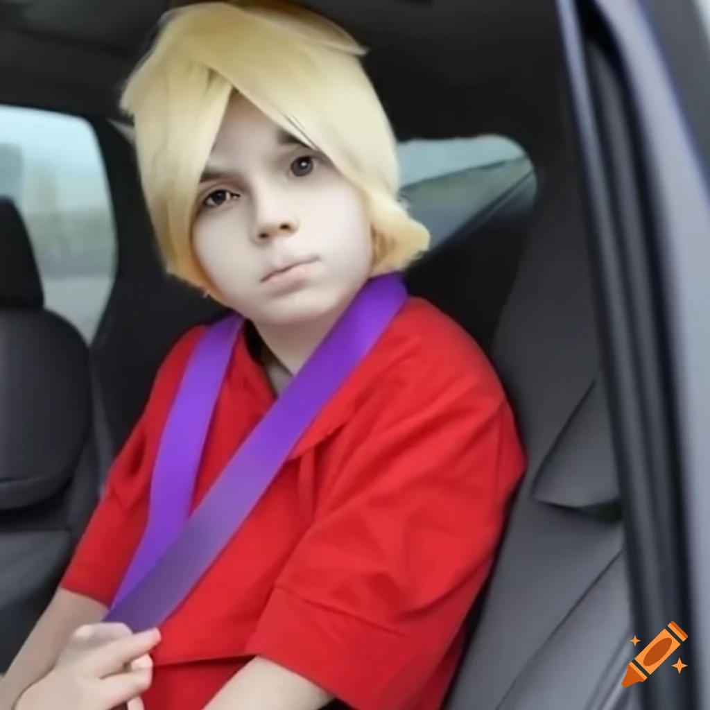 Funny meme of boy with blond hair and red shirt in car cosplay on Craiyon