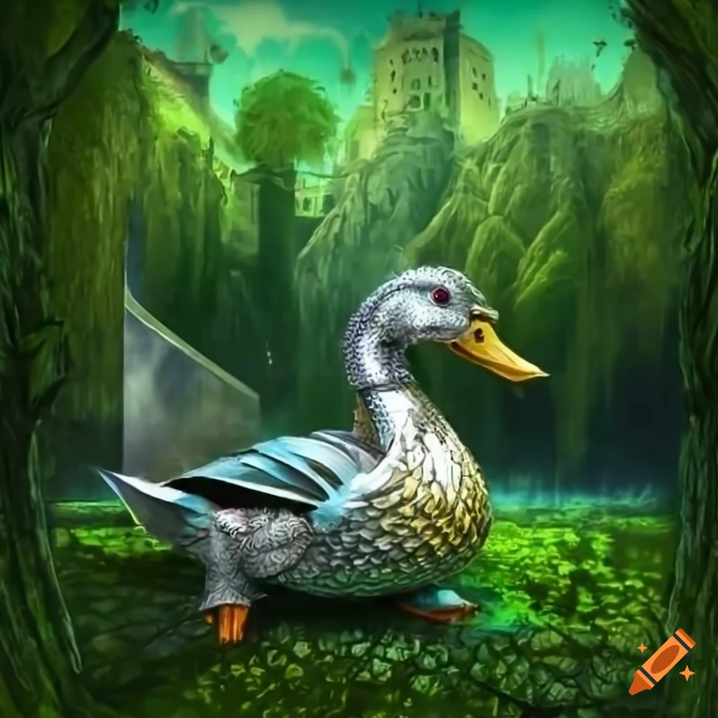 Warrior duck in silver armor battling mythical dragons in a mystical ...