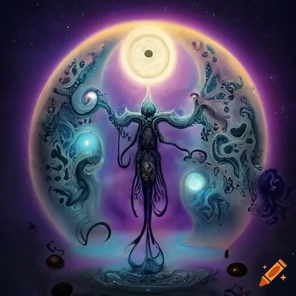 Celestial moon deity with jester elements in HP Lovecraft style on Craiyon