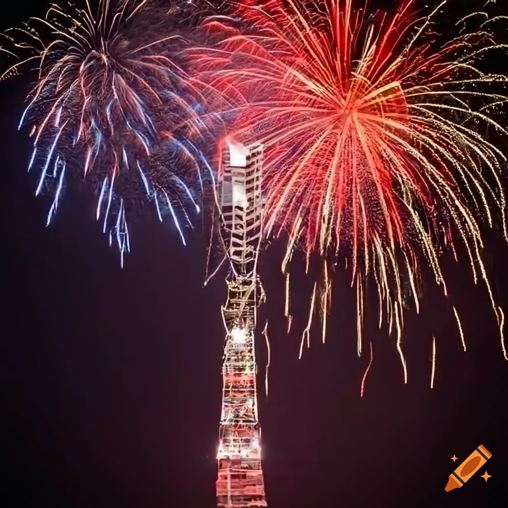Telecom towers with happy new year message and fireworks in the background
