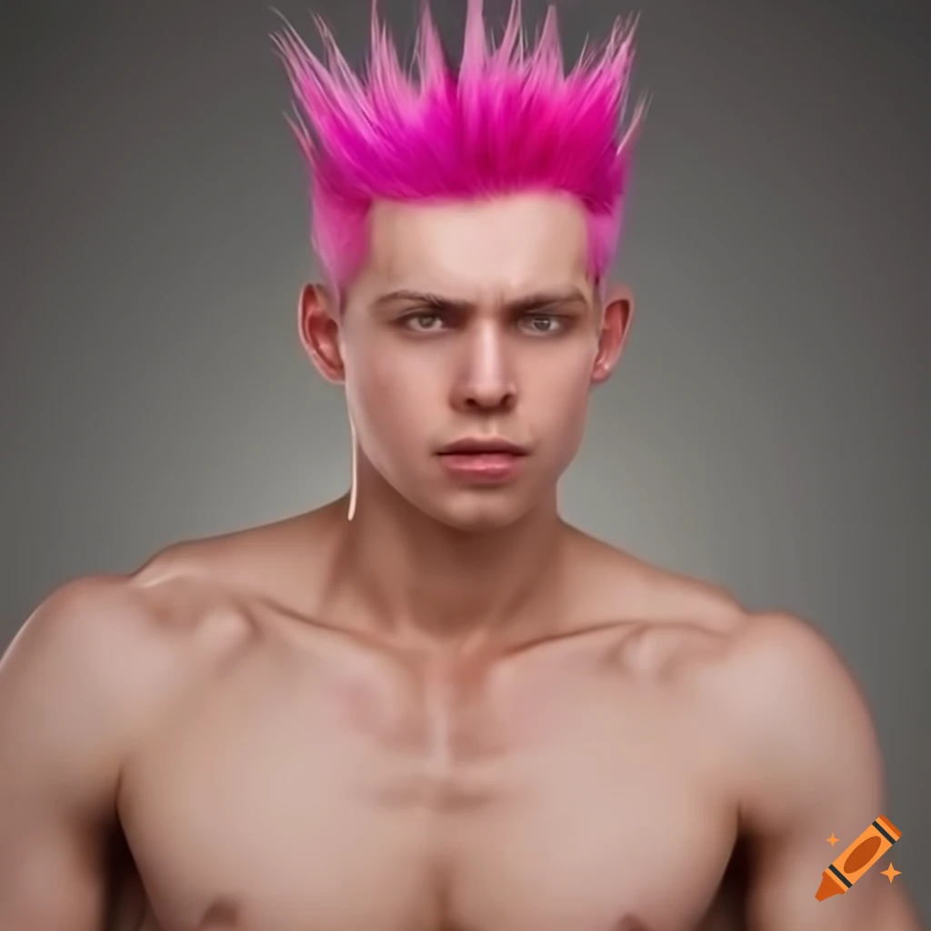 Handsome muscular man with spiked pink hair and dominant expression on ...