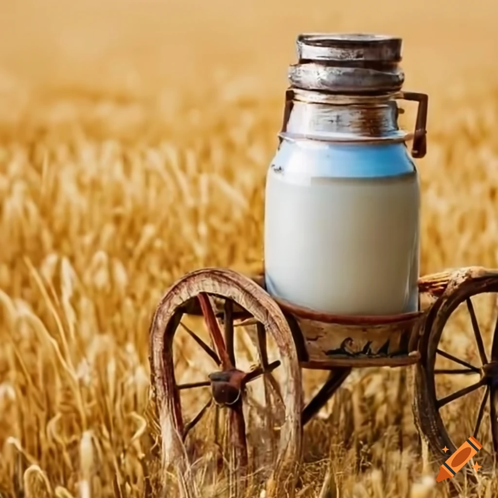 Quirky human milk cart in a rustic grain field on Craiyon