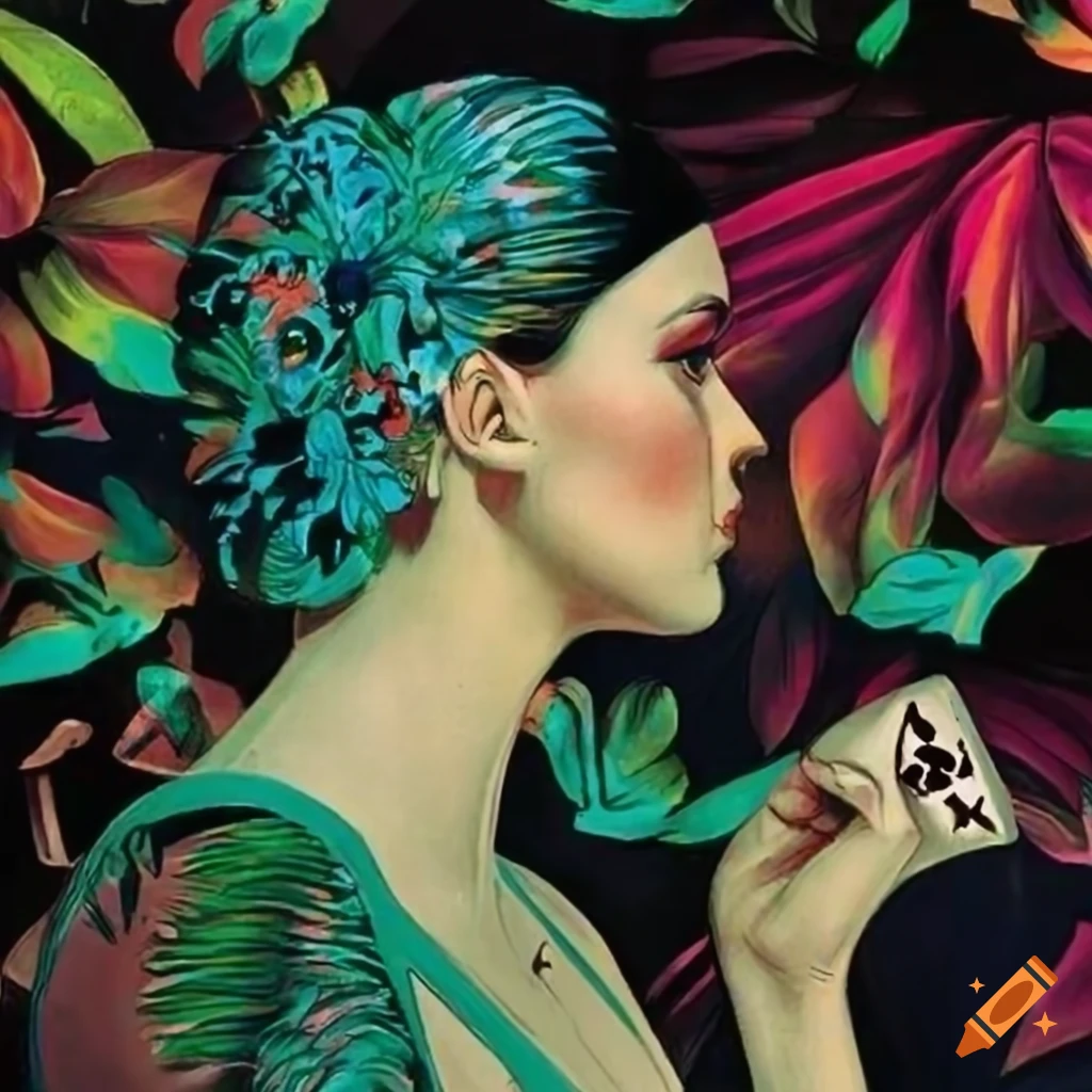 Tropical iridescent LSD artwork from the graphic novel Noir by Norman Rockwell on Craiyon