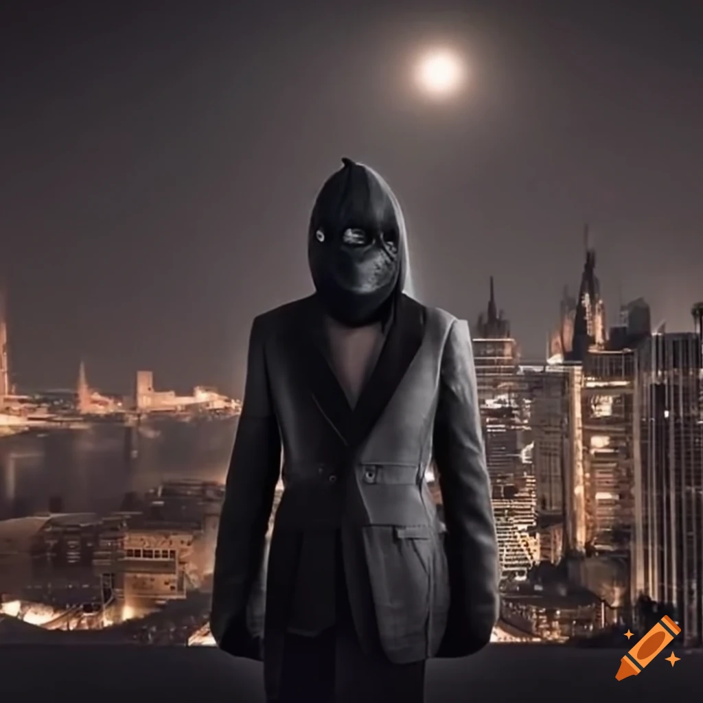 Mysterious secret agent in a sleek outfit standing on a dimly lit ...