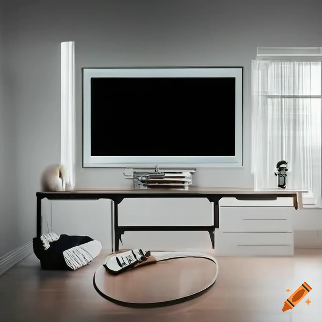 Flat screen tv in a white living room on Craiyon