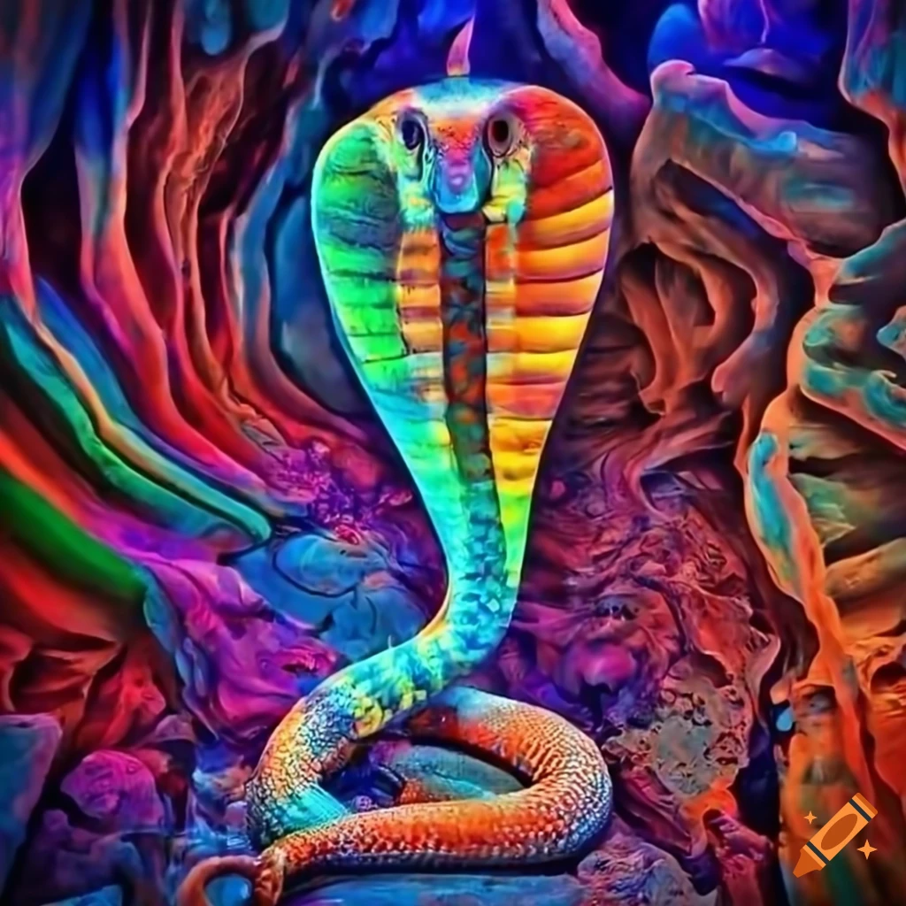 Colorful cosmic cobra in a surrealistic prehistoric cavern on Craiyon