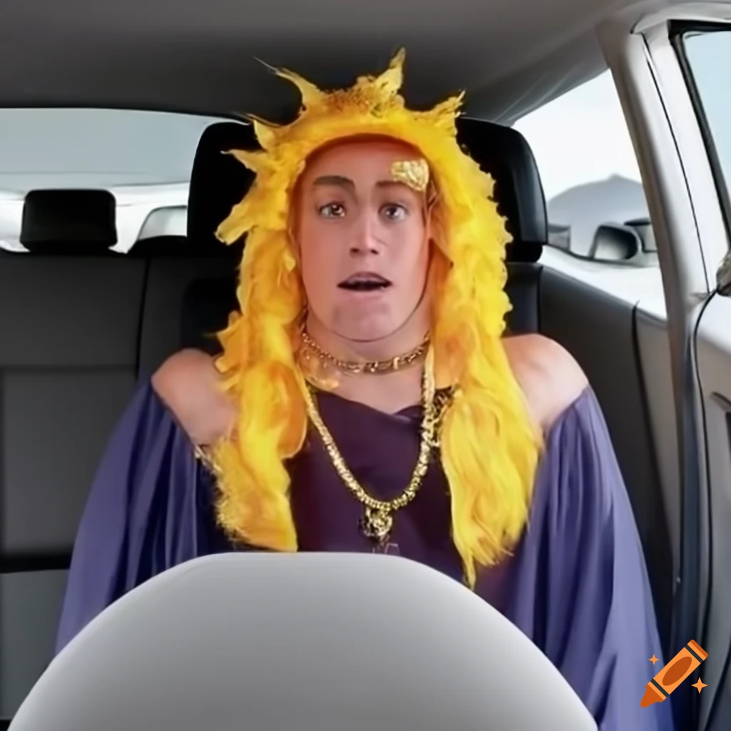 Man in sun goddess costume in carpool meme on Craiyon