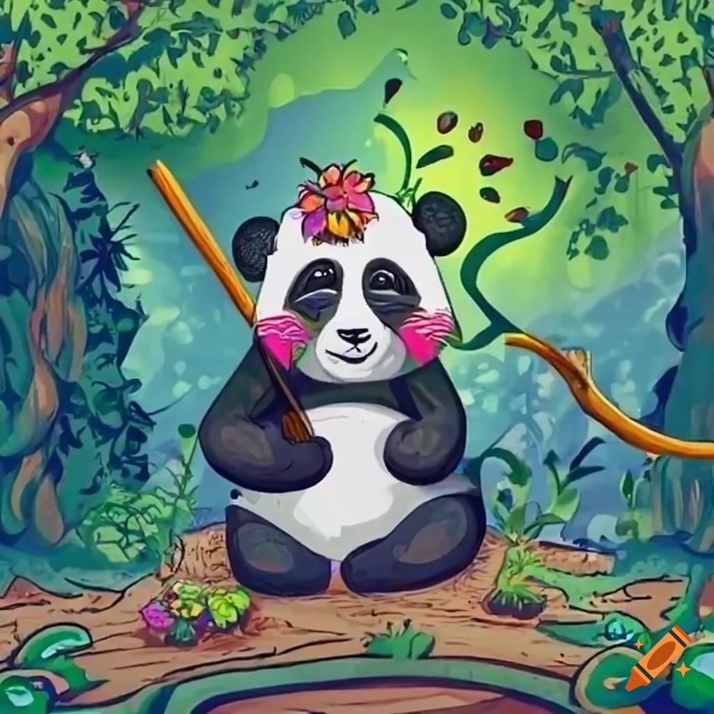 Panda coding in a forest surrounded by trees and butterflies