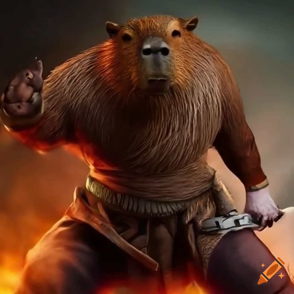 Capybara superhero in a hyper realistic fighter outfit